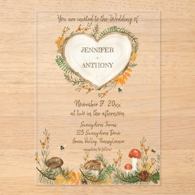 Cozy Woodland Cottagecore Wooden Heart Wedding Acrylic Invitations | Zazzle