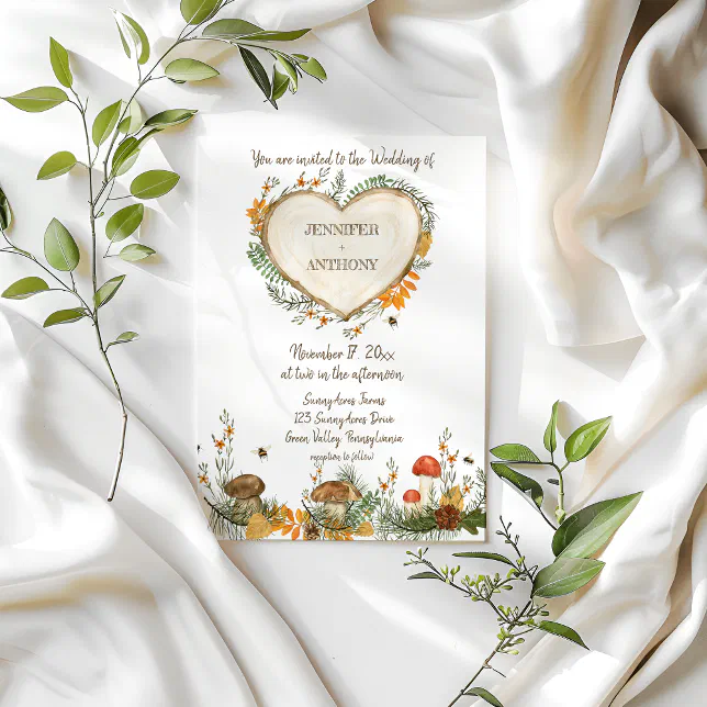 Cozy Woodland Cottagecore Wooden Heart Wedding Invitation | Zazzle