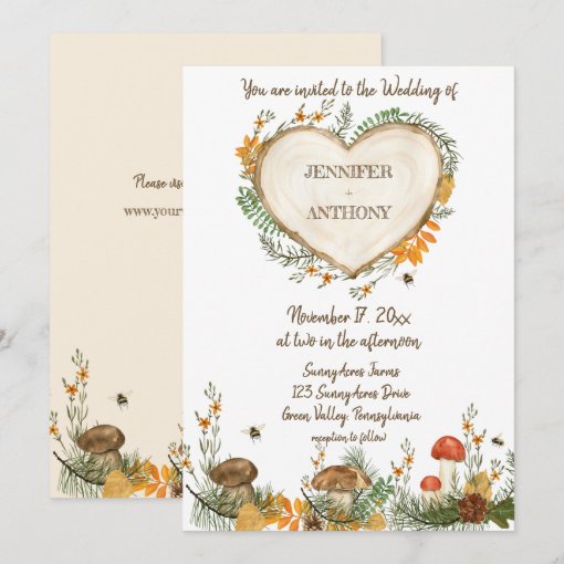 Cozy Woodland Cottagecore Wooden Heart Wedding Invitation | Zazzle