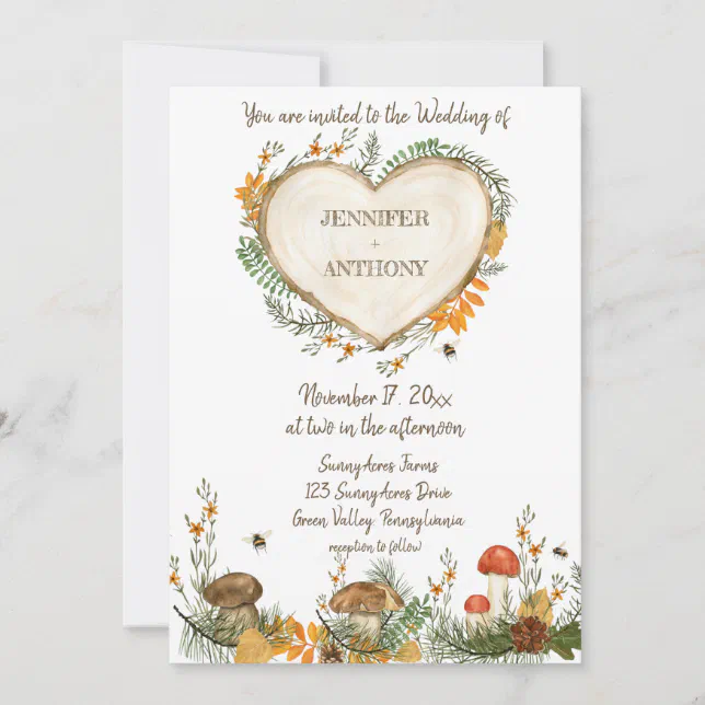 Cozy Woodland Cottagecore Wooden Heart Wedding Invitation | Zazzle