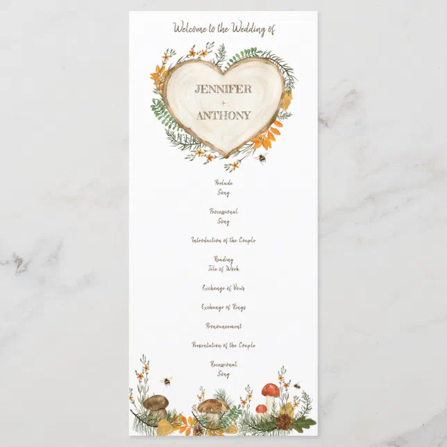 Cozy Woodland Cottagecore Wooden Heart Wedding Program | Zazzle