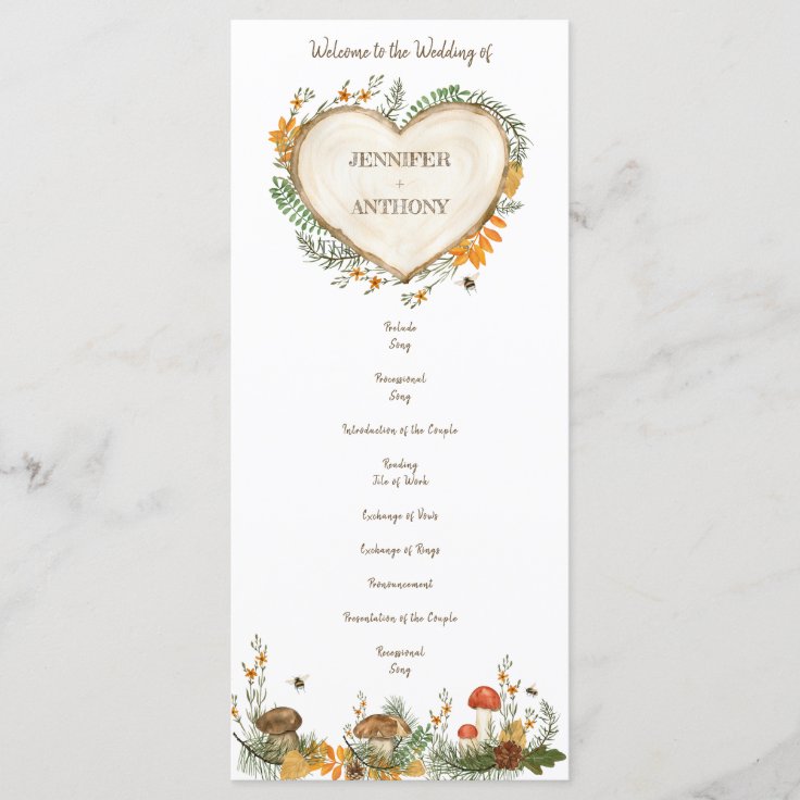 Cozy Woodland Cottagecore Wooden Heart Wedding Program | Zazzle