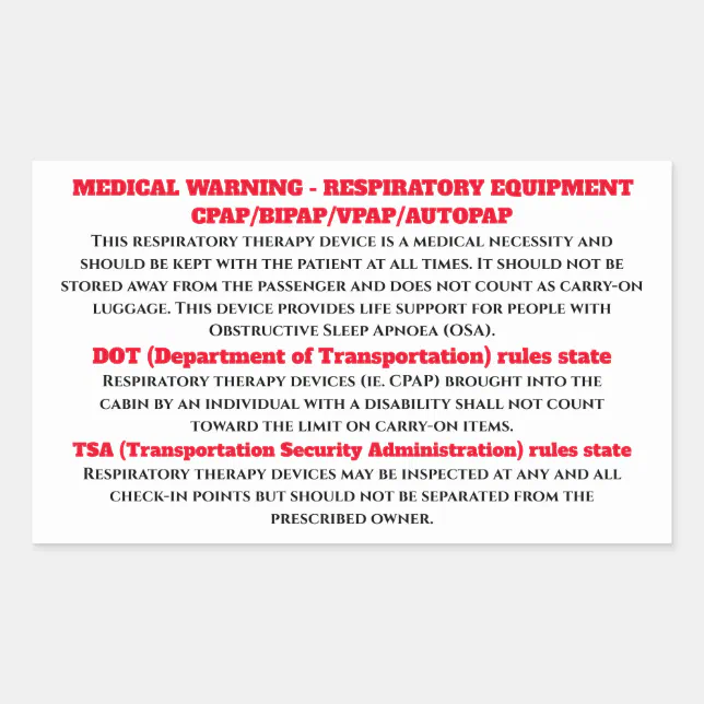 CPAP sleep apnea warning signage stick on Rectangular Sticker | Zazzle
