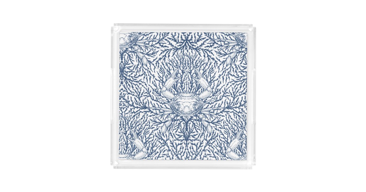 Crab and sea weed, coastal summer in white and nav acrylic tray | Zazzle
