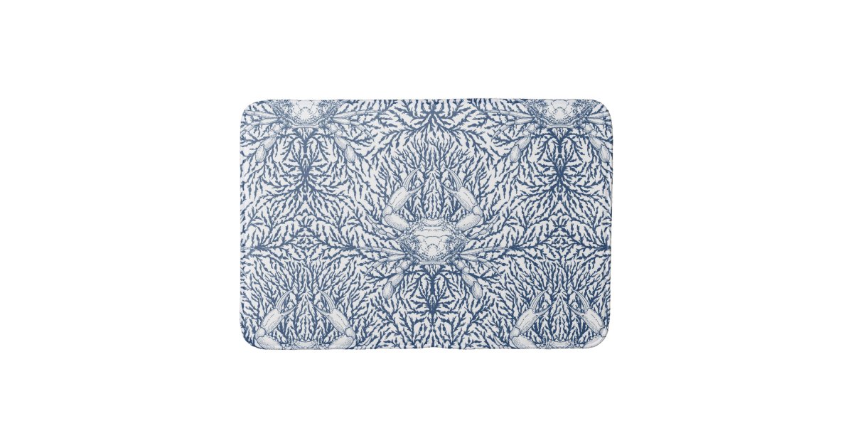 Crab and sea weed, coastal summer in white and nav bath mat | Zazzle