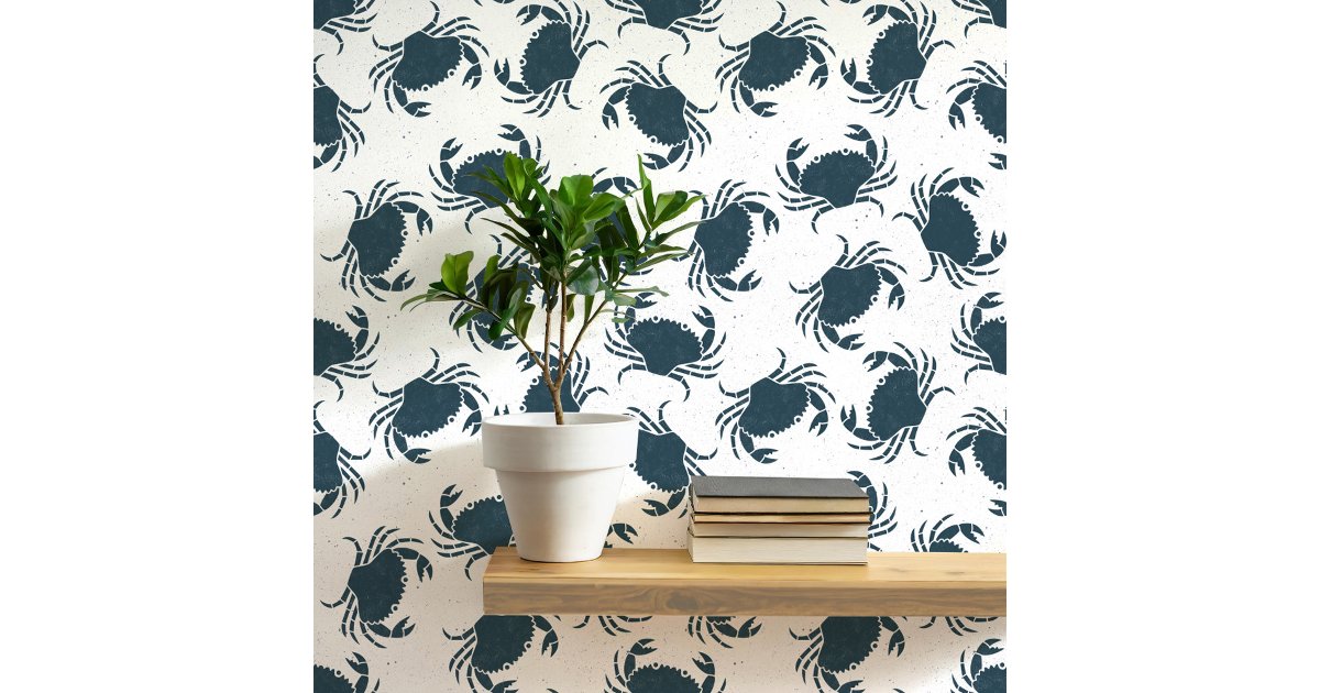 Crab Indigo Blue and White Coastal Pattern Wallpaper | Zazzle
