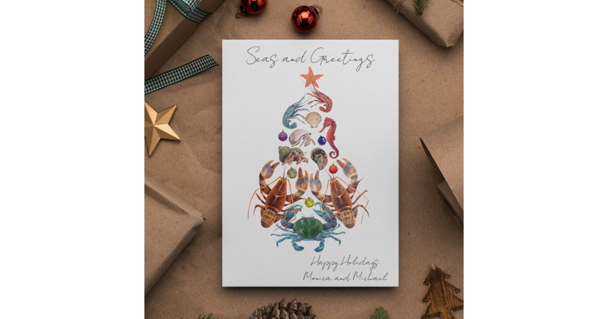Crab Lobster Christmas Tree Crustacean Sea Holiday Card | Zazzle