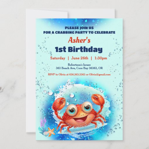 Crab Pool 1st Birthday Party Blue Boy Custom Age Invitation | Zazzle