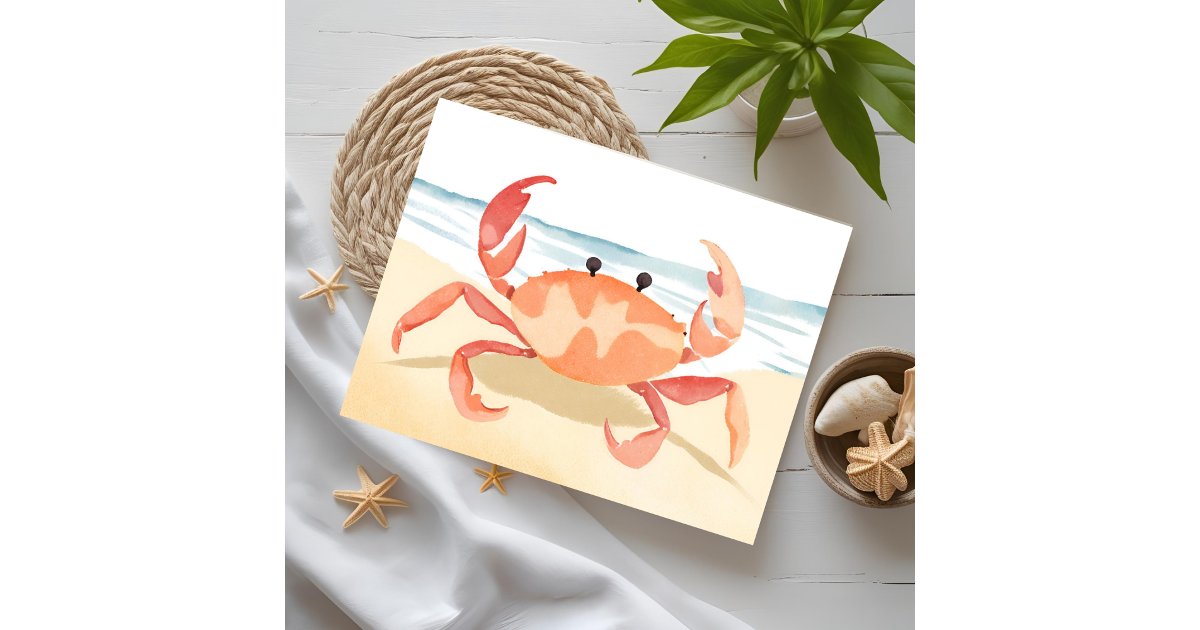 Crab Watercolor Beach Shore | Coastal Vacation Postcard | Zazzle