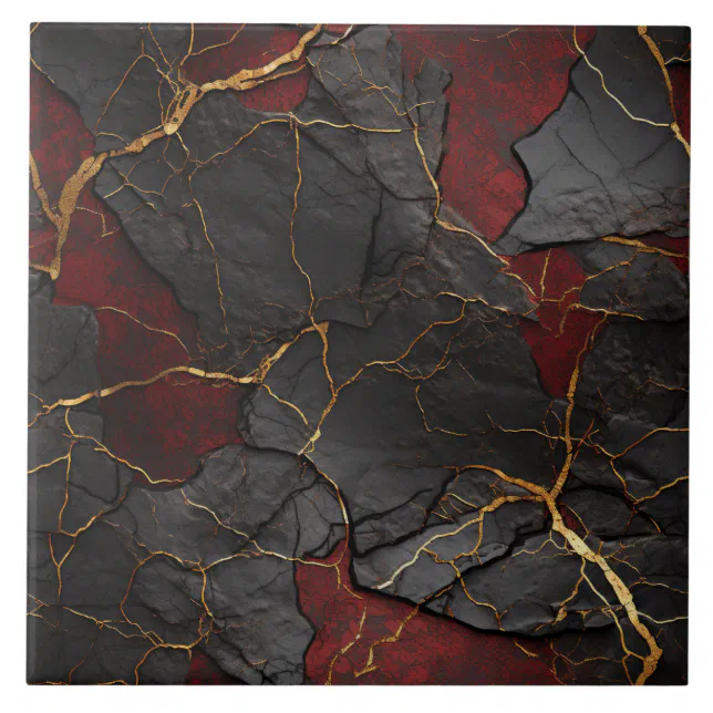 Cracked Stone Texture, Red Black & Gold Ceramic Tile | Zazzle