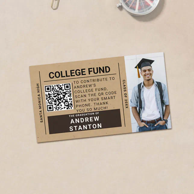 Craft Tartan Plaid Boy Graduation College Fund QR Enclosure Card | Zazzle