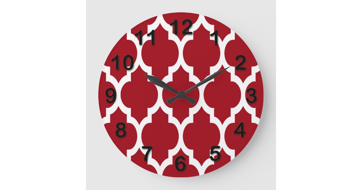 Cranberry Red White Moroccan Quatrefoil Pattern #4 Large Clock | Zazzle
