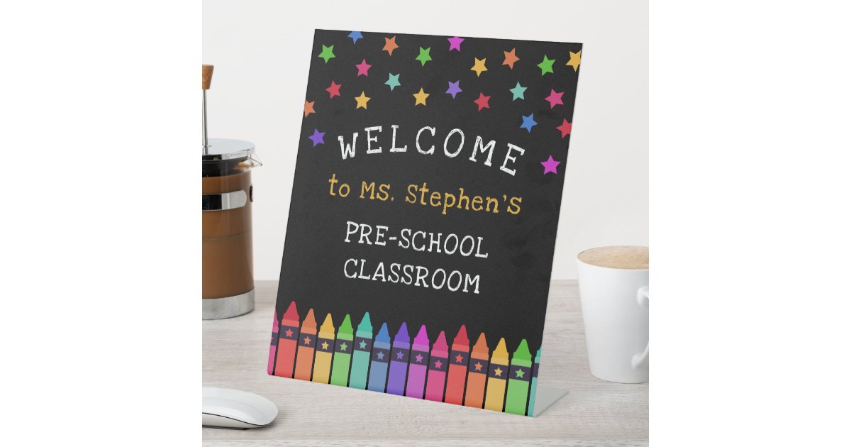 Crayons Stars Colorful Welcome Teacher's Classroom Pedestal Sign | Zazzle