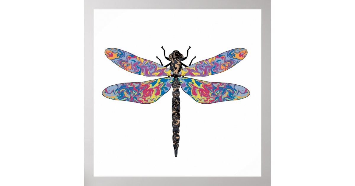 Crazy colorful psychedelic dragonfly illustration poster | Zazzle