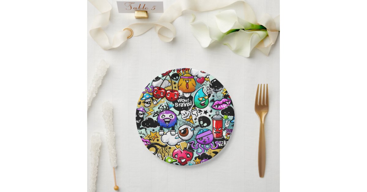 Crazy Fruits and Vegetables Graffiti Art Paper Plates | Zazzle
