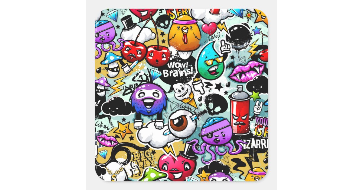 Crazy Fruits and Vegetables Graffiti Art Square Sticker | Zazzle
