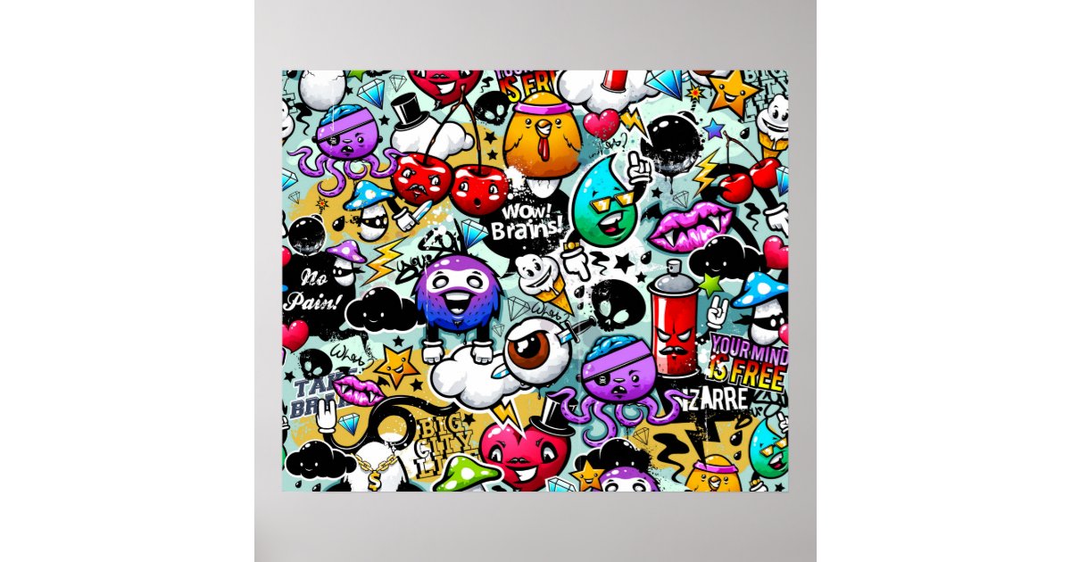 Crazy Fruits and Vegetables Graffiti Poster | Zazzle