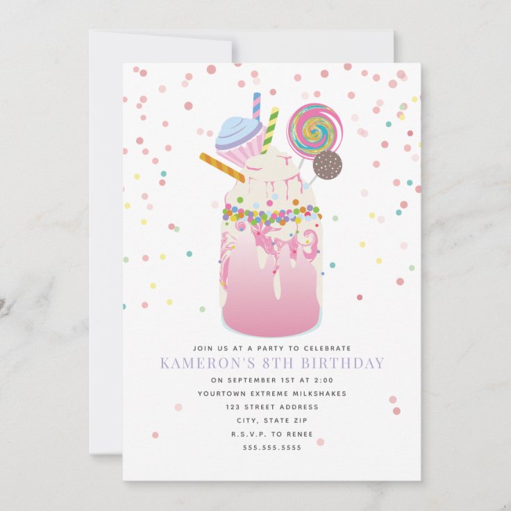 Crazy Milkshake Candy Cupcake Pink Birthday Party Invitation | Zazzle