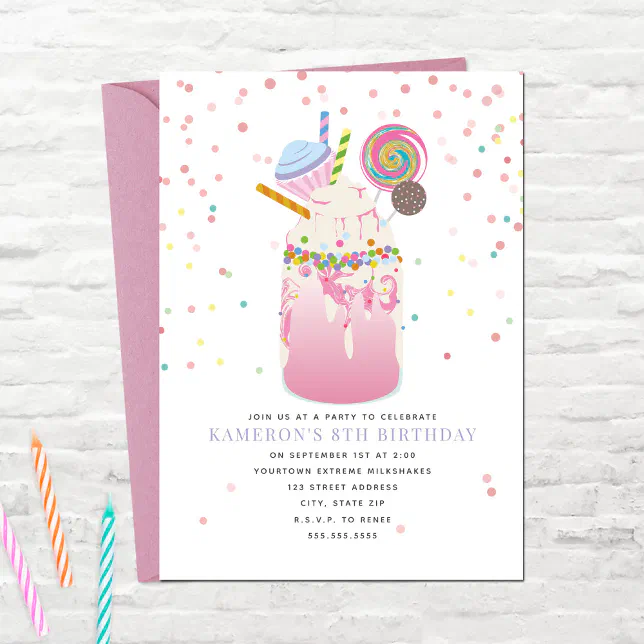 Crazy Milkshake Candy Cupcake Pink Birthday Party Invitation | Zazzle