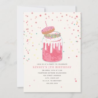 Crazy Milkshake Donut Confetti Pink Birthday Party Invitation | Zazzle
