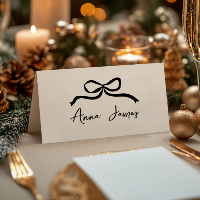 Cream and black whimsical hand drawn bow place card | Zazzle