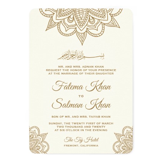 Cream and Gold Henna Mehndi Islamic Muslim Wedding Invitation | Zazzle.com
