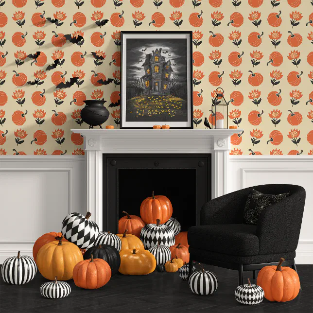 Cream and Orange Boho Pumpkin Floral Wallpaper | Zazzle