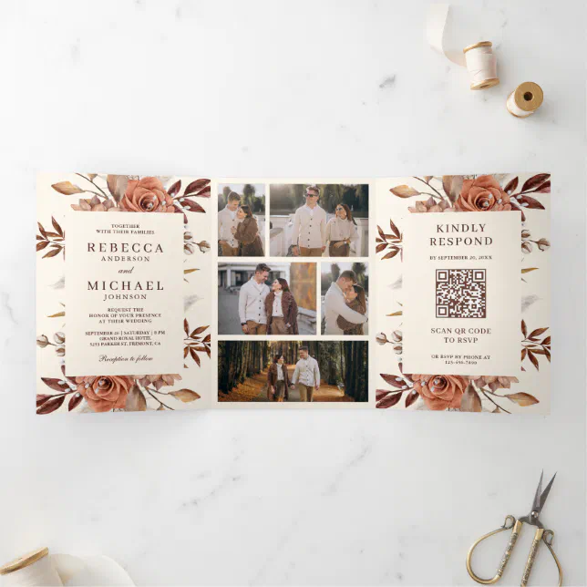 Cream and Terracotta Floral QR Code Wedding Tri-Fold Invitation | Zazzle