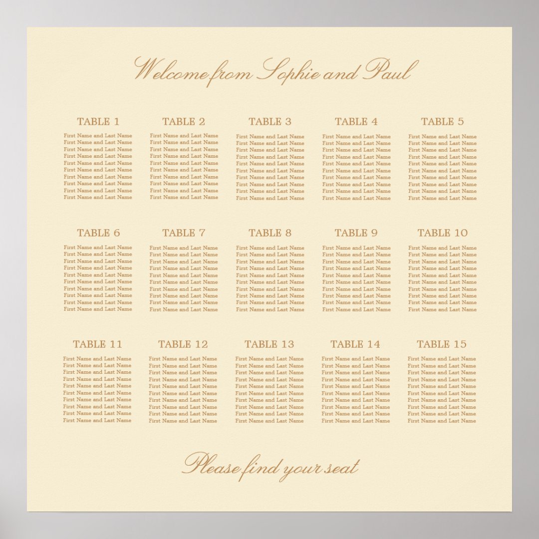 Cream Beige 15 Table Wedding Seating Chart Poster | Zazzle