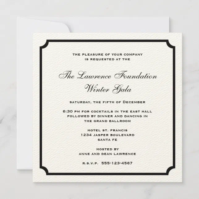 Cream black square frame corporate holiday formal invitation | Zazzle