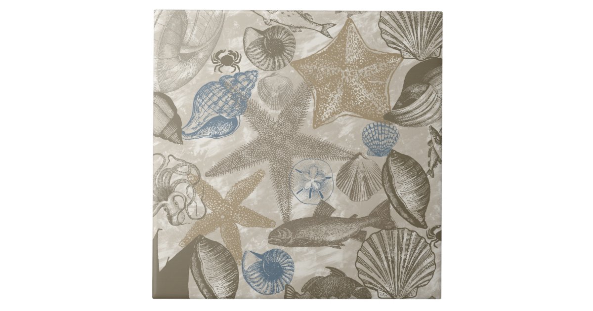Cream Blue Ocean Beach Shells Tile | Zazzle