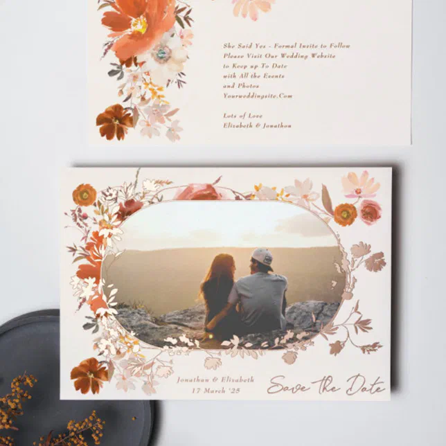 Cream Floral Frame Photo Save The Date Rose Foil Invitation | Zazzle