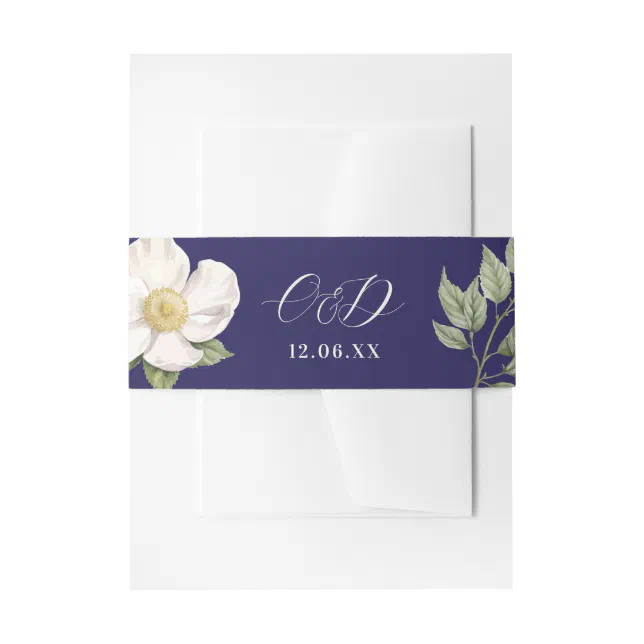 Cream Flowers Navy Wedding Cutlery Band Invitation Belly Band | Zazzle