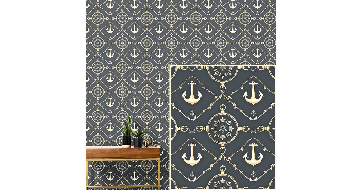 Cream Gold Anchors & Compass Dark Gray Blue Wallpaper | Zazzle