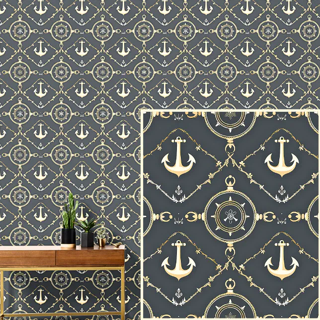 Cream Gold Anchors & Compass Dark Gray Blue Wallpaper | Zazzle