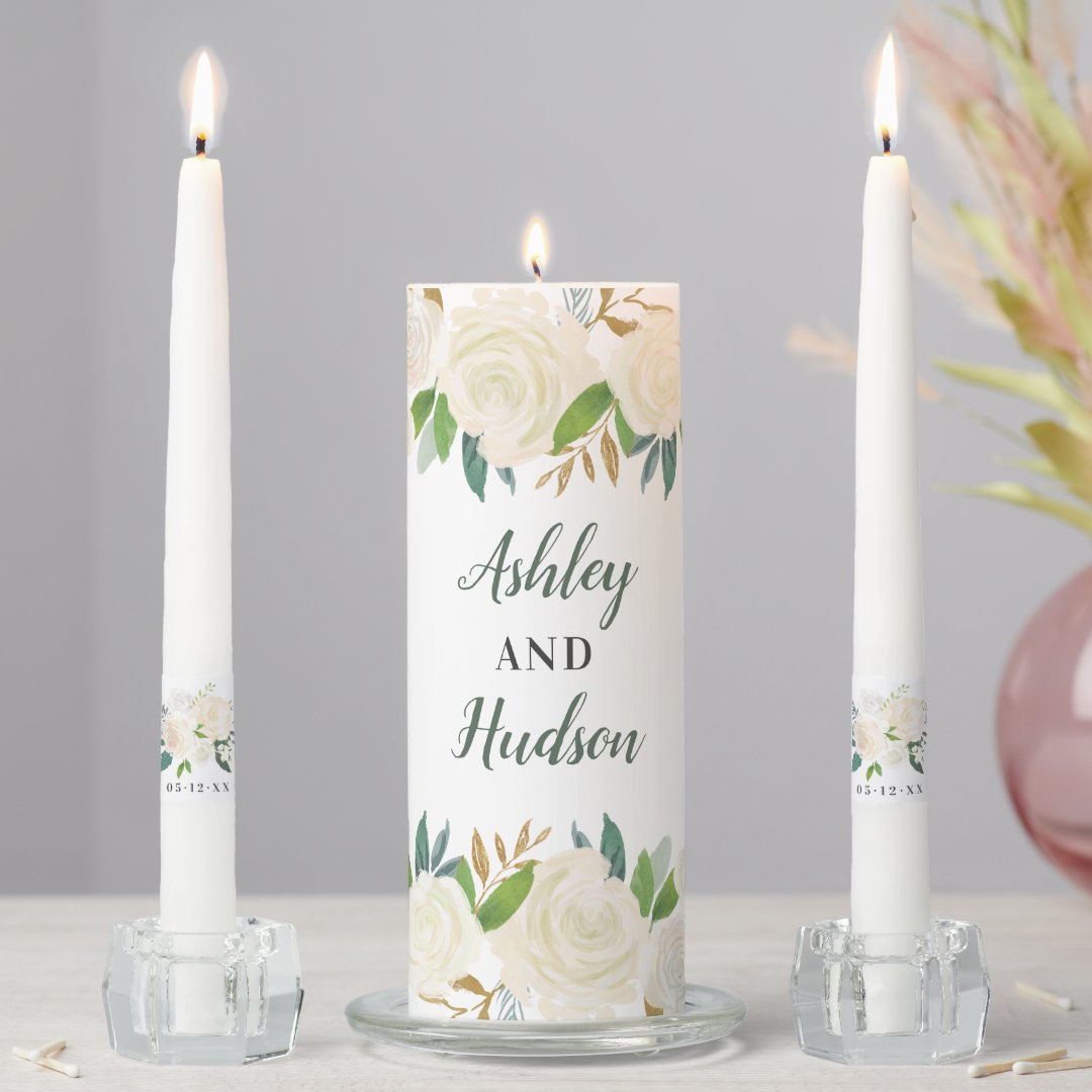 Cream Gold Floral Greenery Wedding Monogram Unity Candle Set | Zazzle