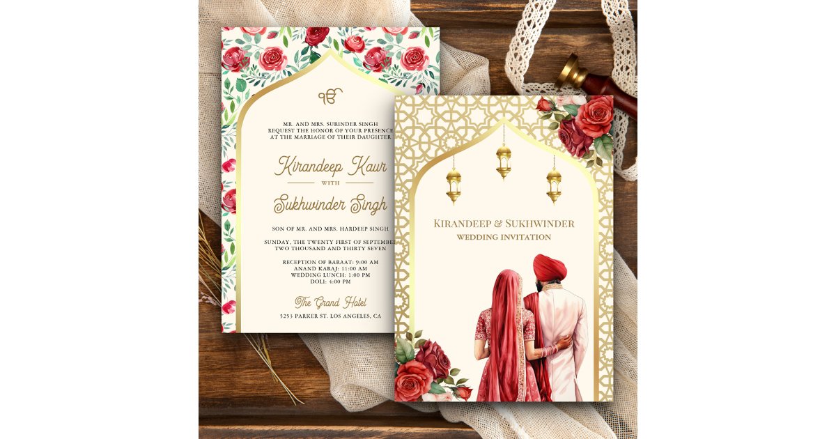 Cream Gold Red Roses Anand Karaj Sikh Wedding Invitation | Zazzle