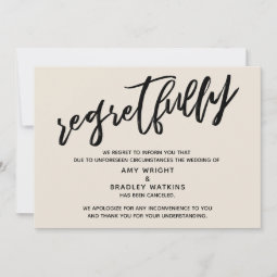 Cream Handwriting Canceled Wedding Regrets Card | Zazzle