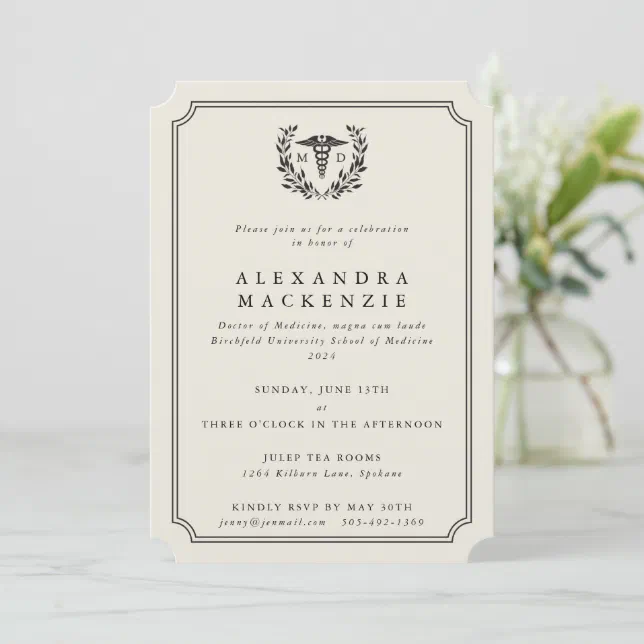 Cream MD Caduceus+Laurel Wreath Doctor Graduation Invitation | Zazzle