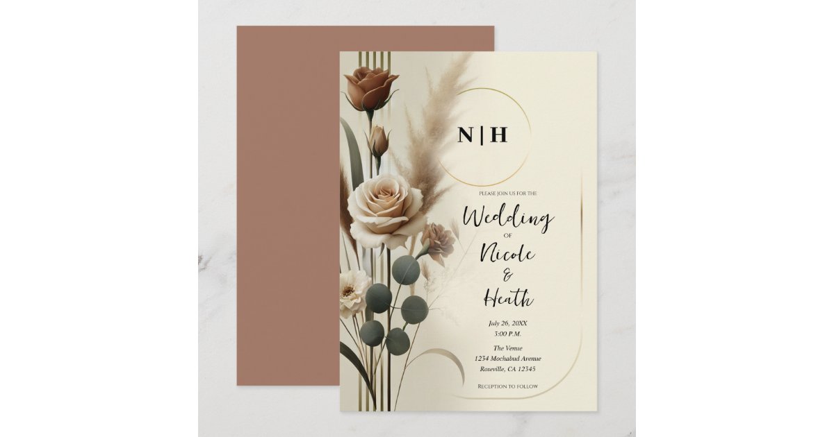 Cream & Mocha Neutral Geometric Floral Wedding Invitation | Zazzle