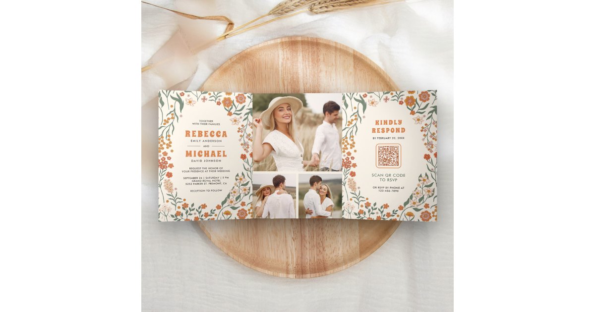 Cream Orange Groovy Wildflower All in One Wedding Tri-Fold Invitation ...