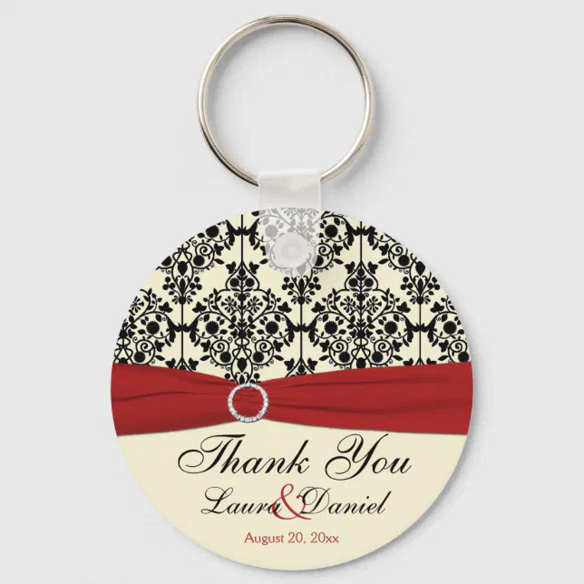 Cream, Red, and Black Damask Wedding Favor Keychain | Zazzle