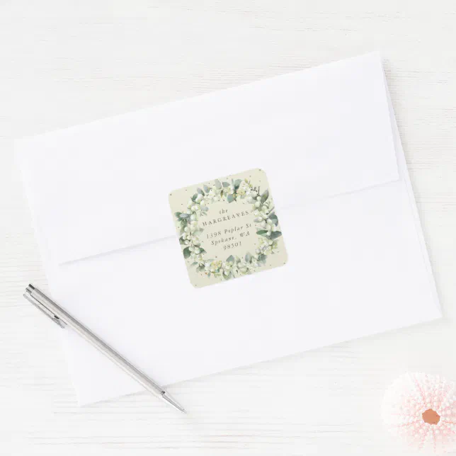 Cream Snowberry+Eucalyptus Holiday Wreath Address Square Sticker | Zazzle