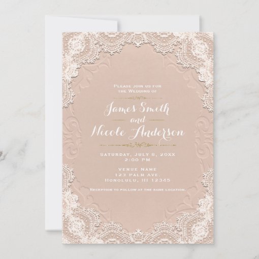 Cream Suede Leather Vintage Lace Western Wedding Invitation | Zazzle