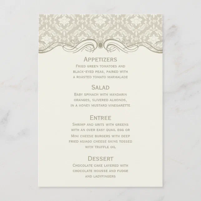 Cream Tan Ivory Damask Swirls Menu Card | Zazzle
