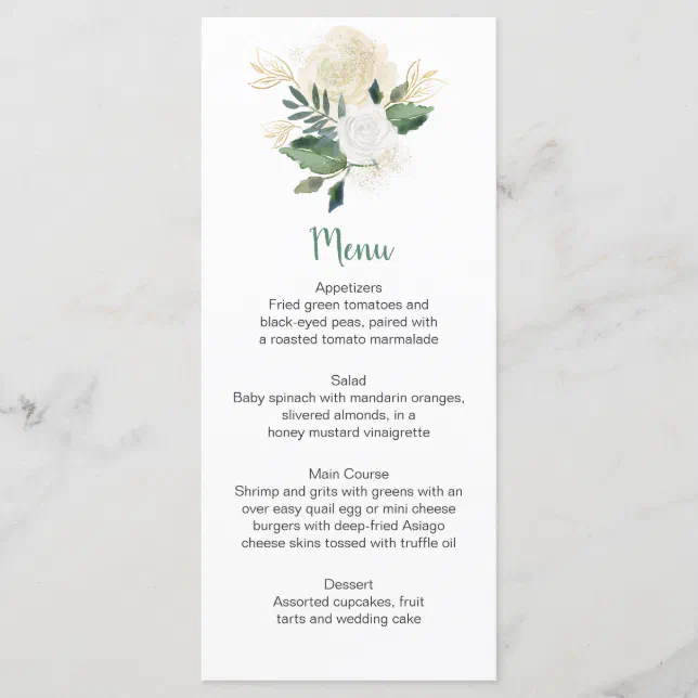 Cream White Roses Glitter Greenery Menu Cards | Zazzle