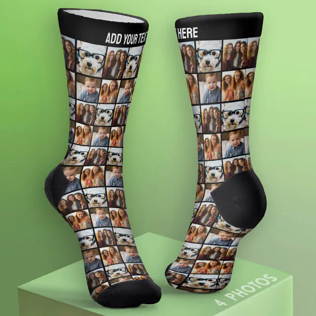 Create a Custom 4 Photo Collage with Text on Top Socks | Zazzle