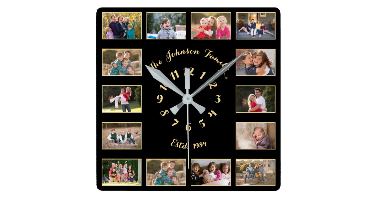 Create Custom Personalized Family Photo Collage Square Wall Clock | Zazzle