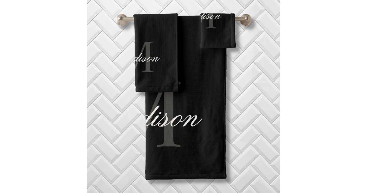 Create Your Custom Name Monogram Calligraphy Black Bath Towel Set | Zazzle