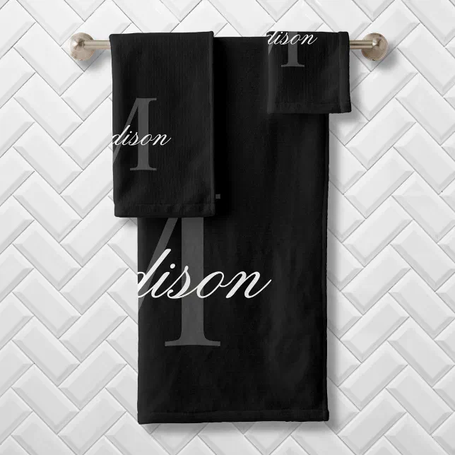 Create Your Custom Name Monogram Calligraphy Black Bath Towel Set | Zazzle
